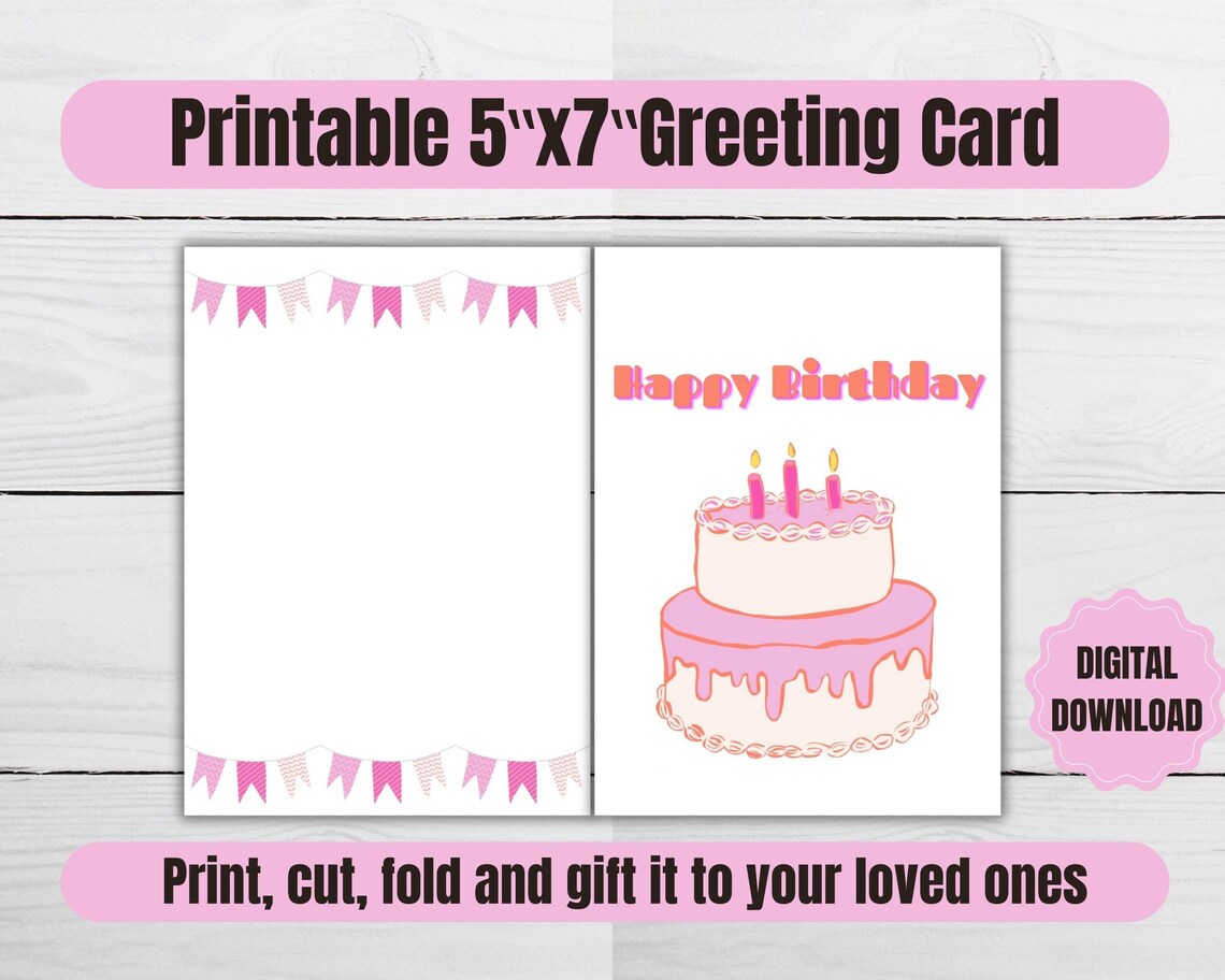 Printable Happy Birthday Card, Printable Birthday Cake Card, Digital ...