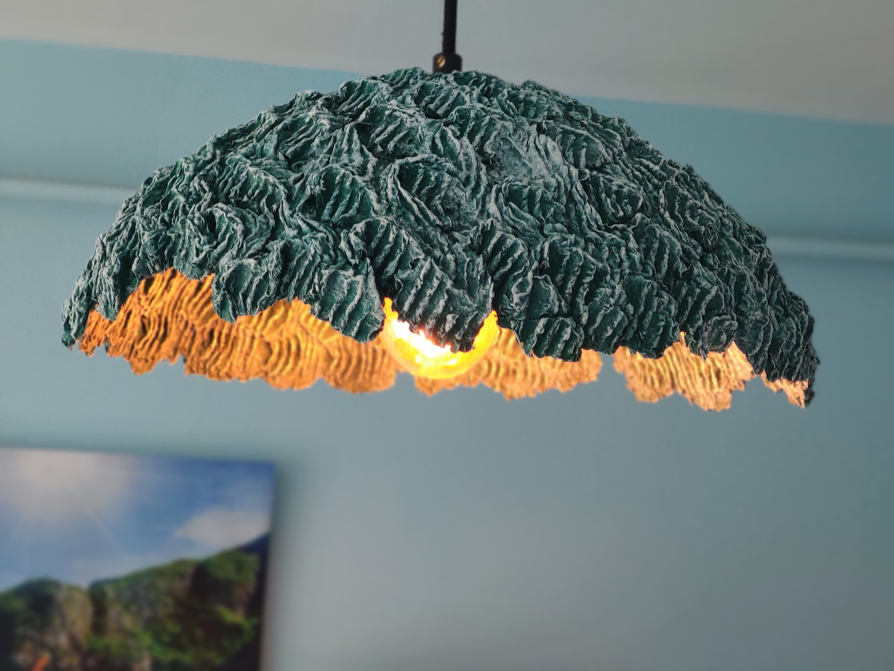 Paper Mache Lamp, Green Pendant Light, Handmade Gift Pendant Light ...