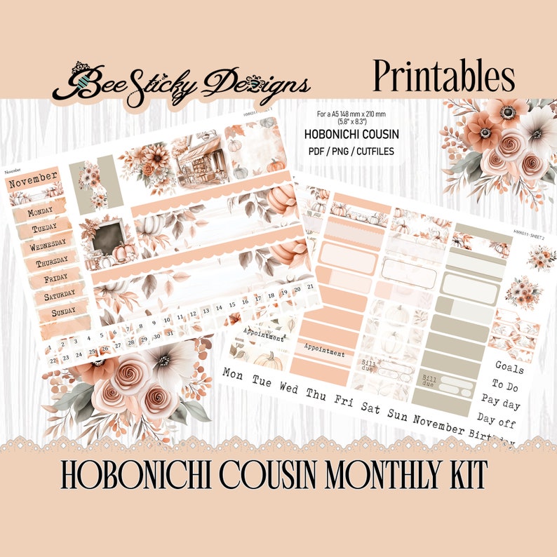 Printable Hobonichi Cousin Monthly November Silhouette Cutfiles Planner ...