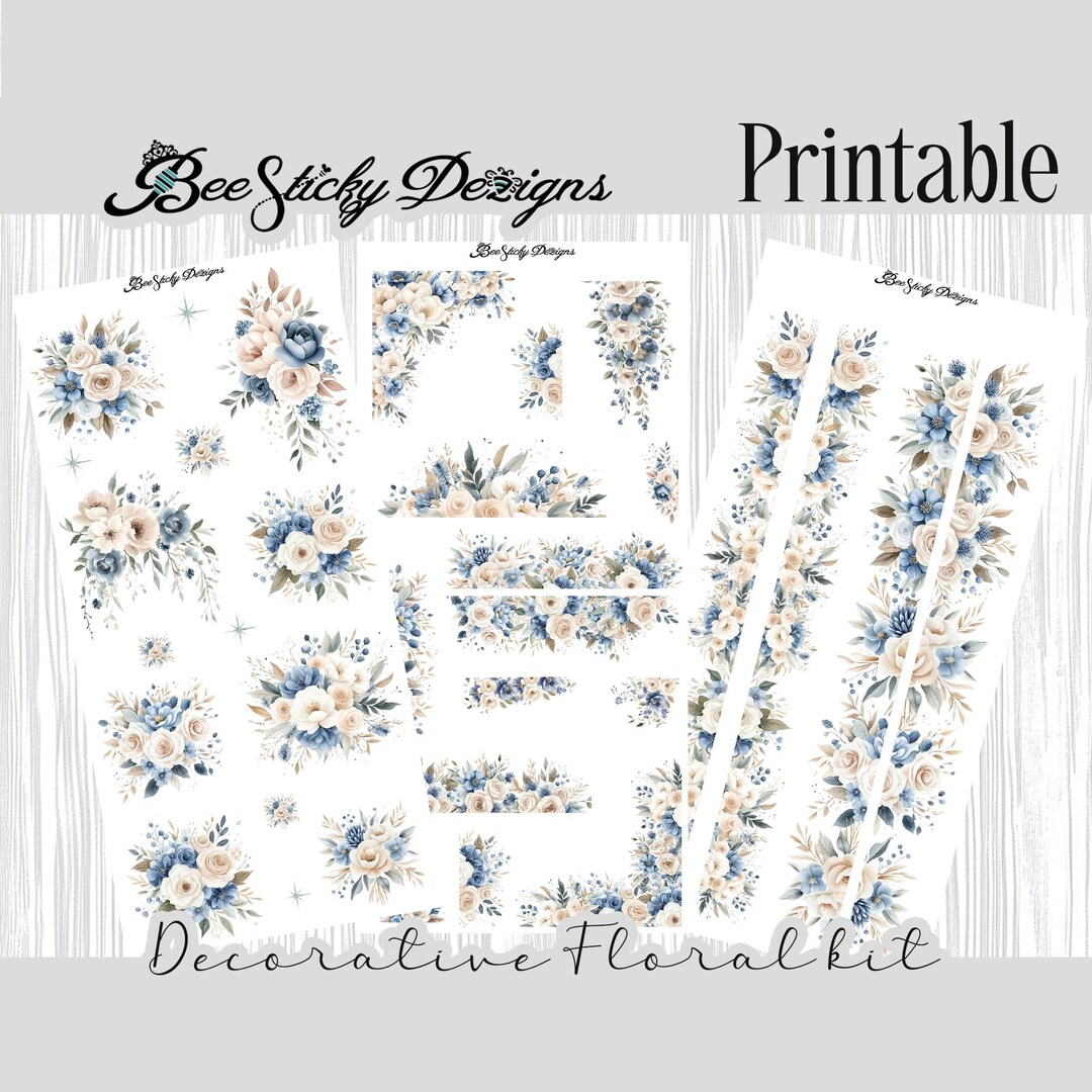 Floral Printable Deco Stickers, Blue Hues Floral Stickers, Floral Deco ...