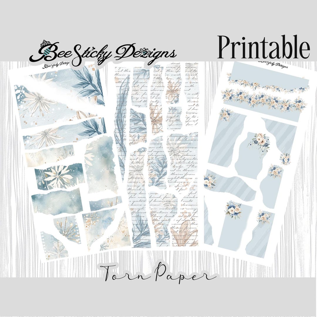 Printable Winter Torn Paper Stickers, Blue Hues Journal Sticker Sheets ...
