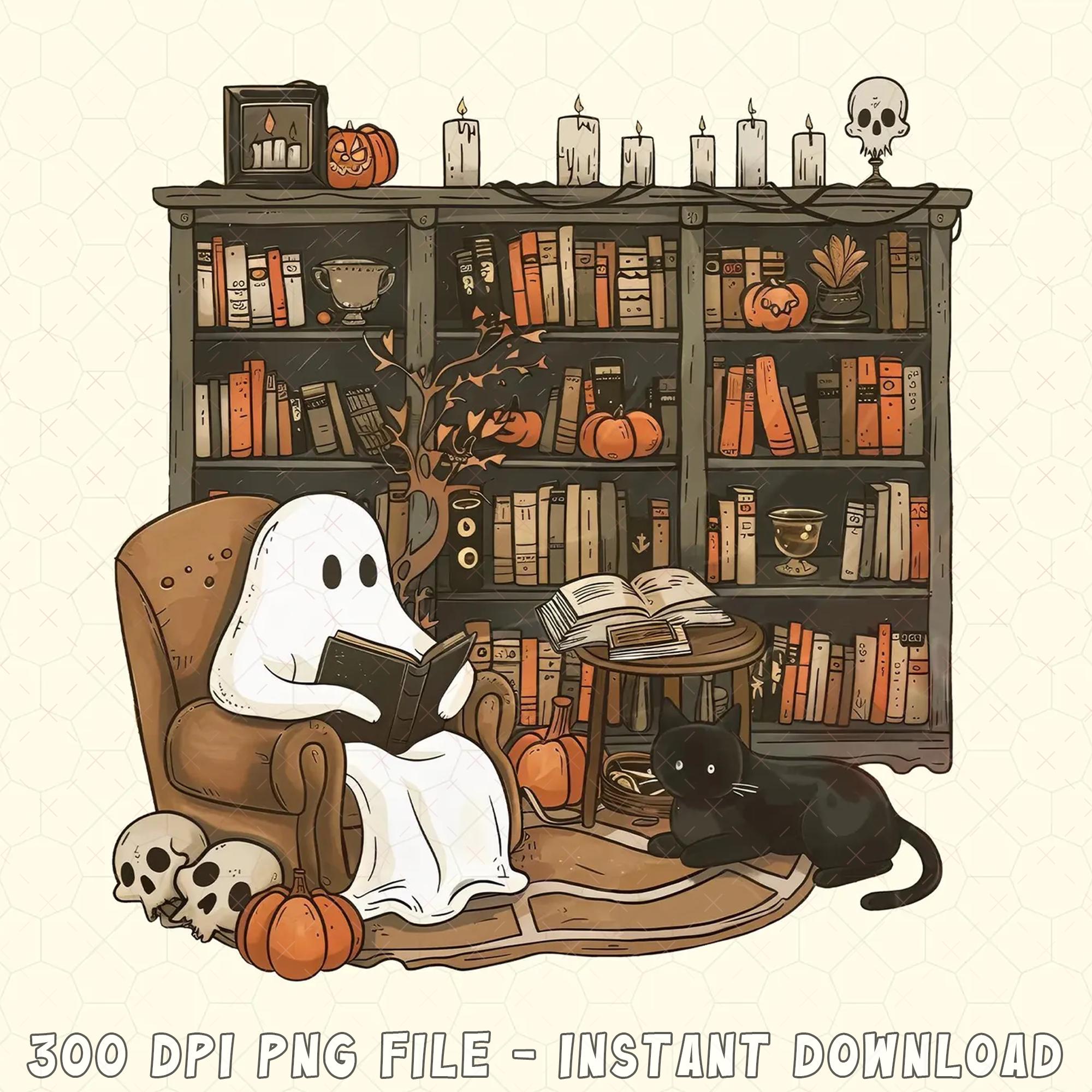 Ghost Reading Book Png, Halloween Bookshelf Png, Ghostly Bookish Png ...