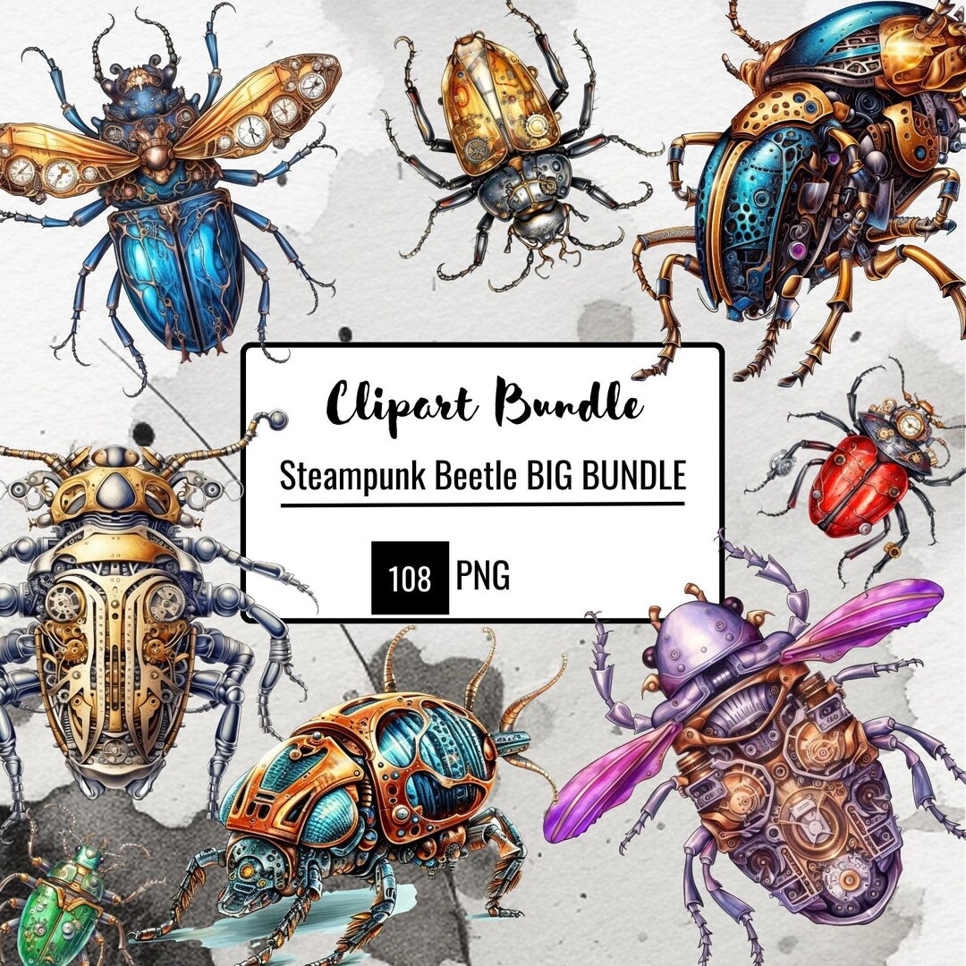 Clipart of Steampunk Beetle, Watercolor Mechanical Beetle PNG, Set of ...