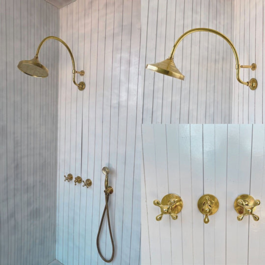 Handcrafted Solid Brass Shower Head and Handheld Set, Round Shower Head ...