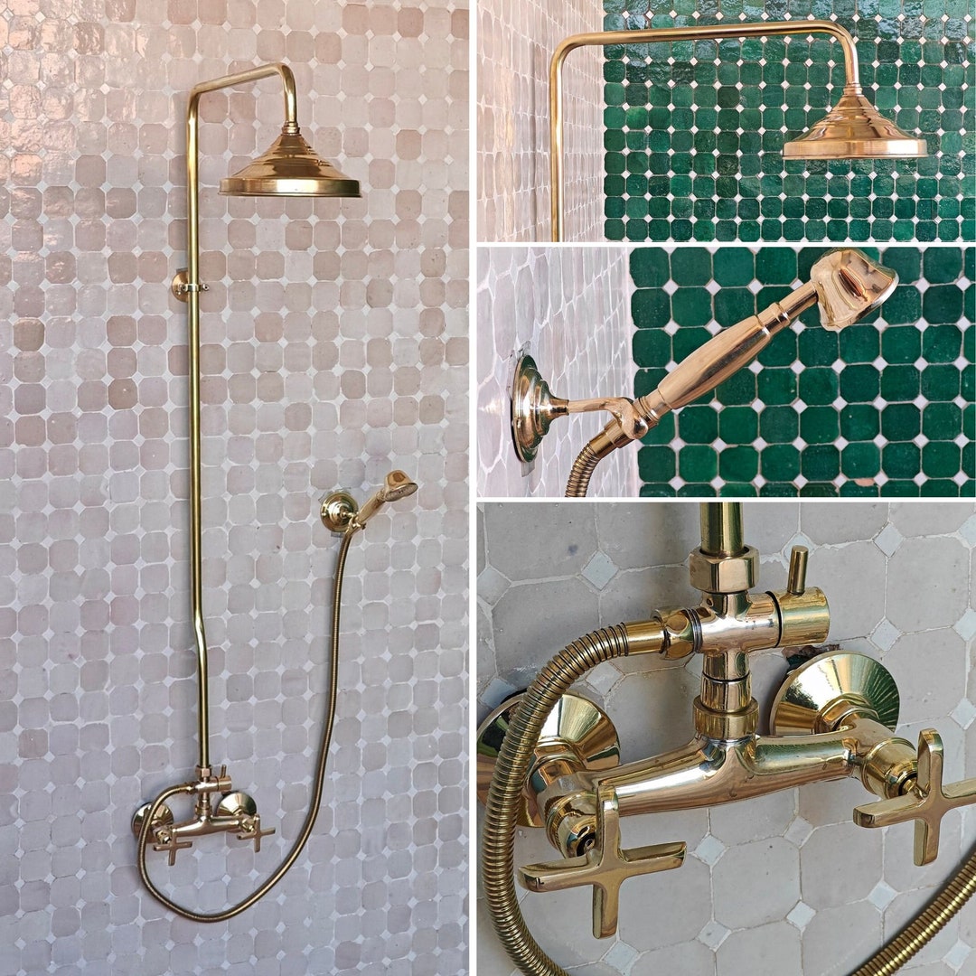 Unlacquered Brass Shower System: Rain Shower & Hand Sprayer Set - Etsy