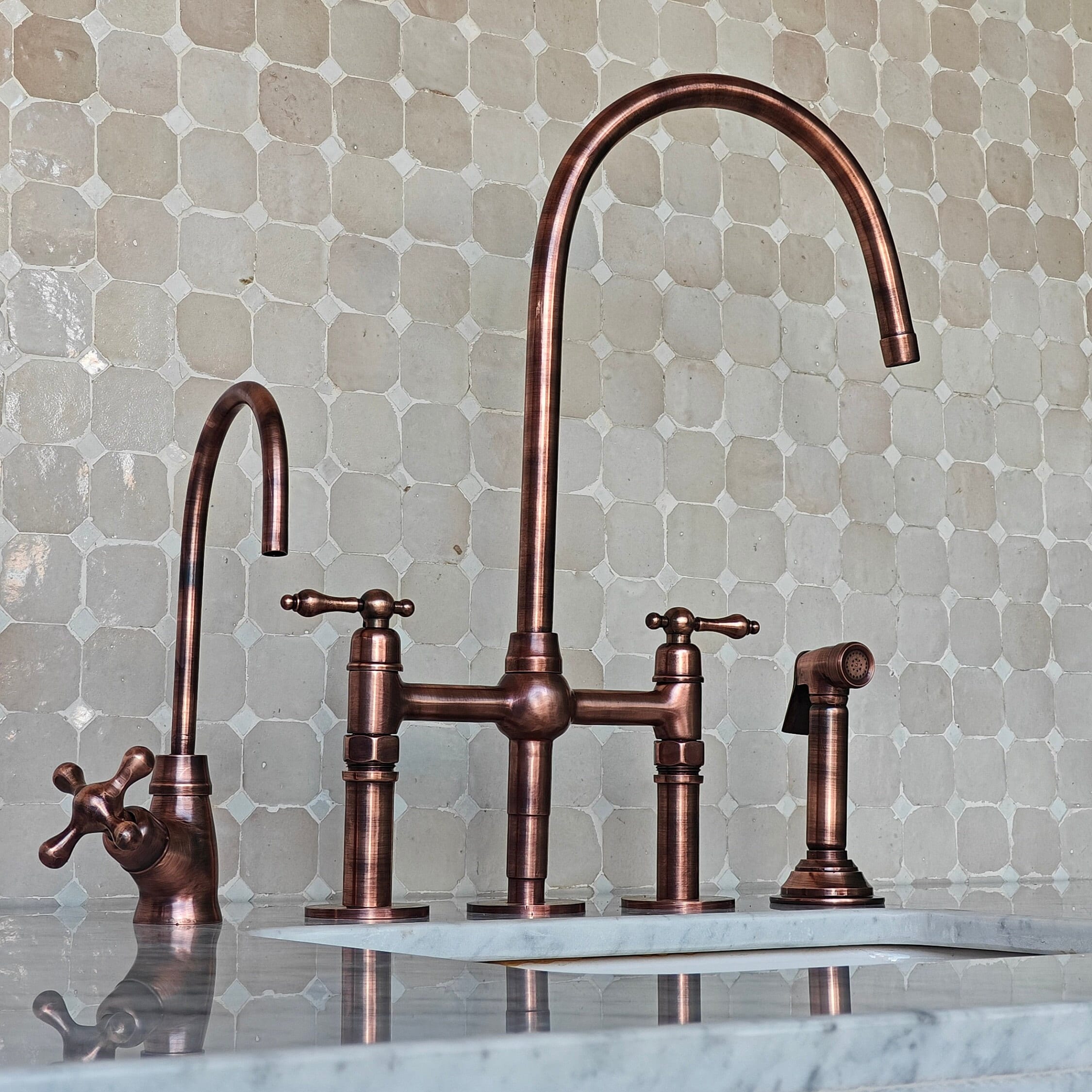Antique Copper Bridge Faucet 10" With Cold Water Faucet & Sprayer ...