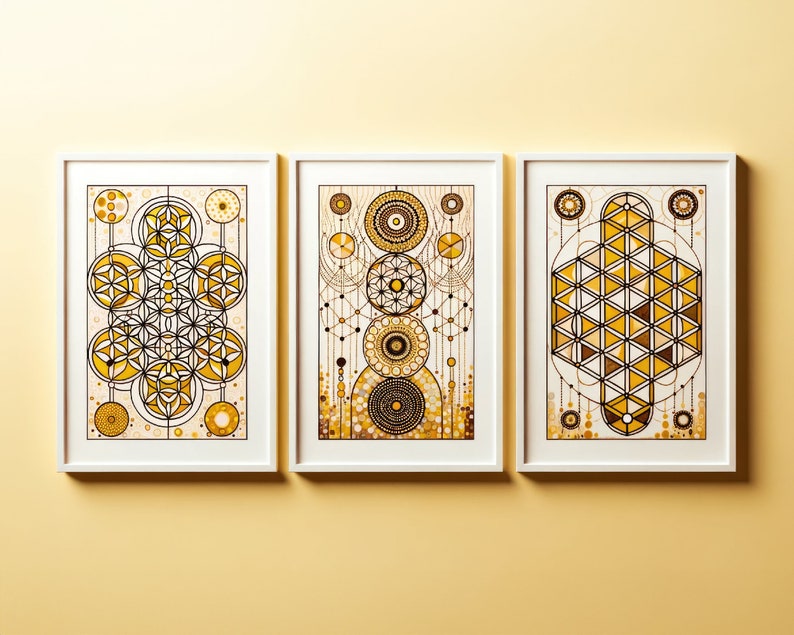 Set of Three Sacred Geometry Art Prints - 3 Cosmic Patterns: Flower of ...