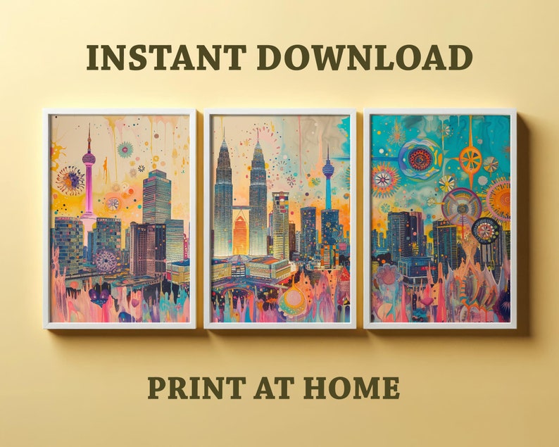 Set of Three Art Prints - Kuala Lumpur Skyline Triptych - Instant ...