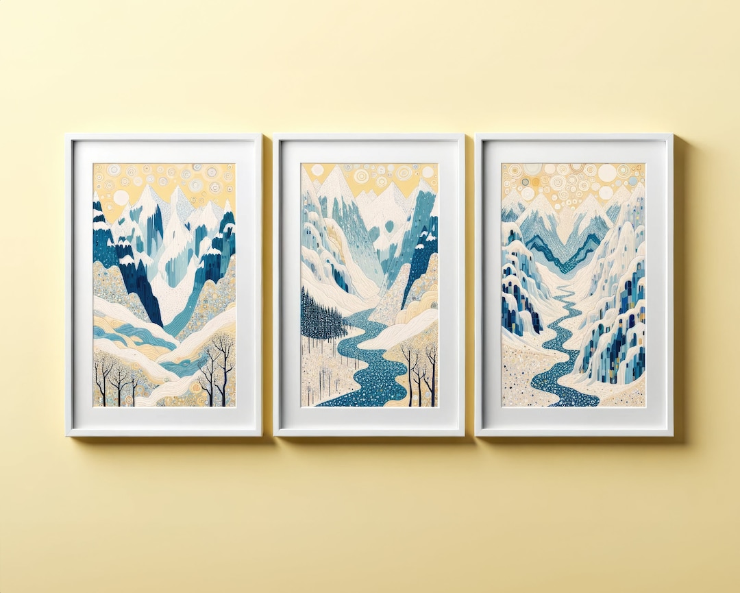 Set of Three Winter Mountain Art Prints - 3 Scenes: Snow-capped Peaks ...