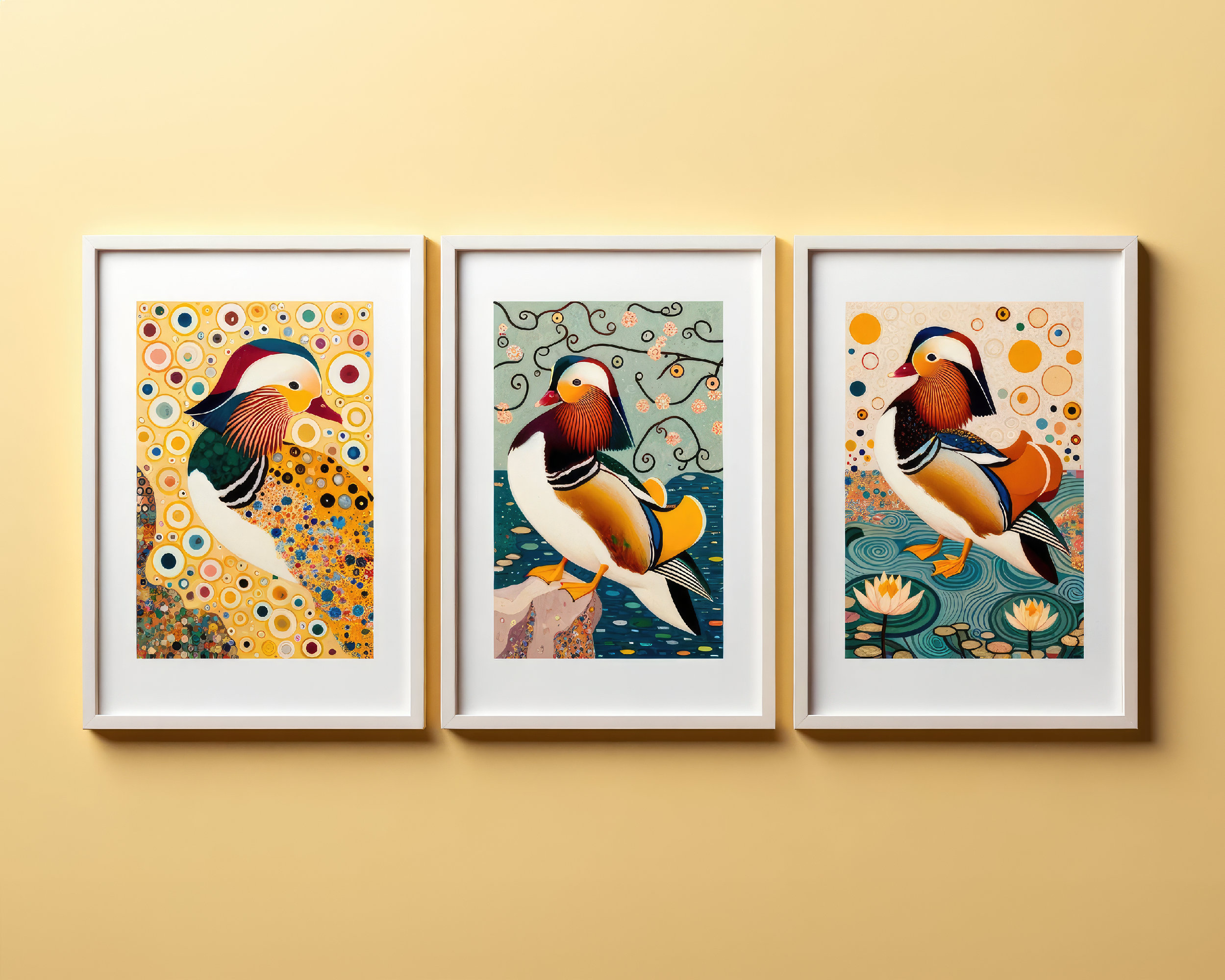 Set of Three Mandarin Duck Art Prints - 3 Swimming Perched Lily Scenes ...