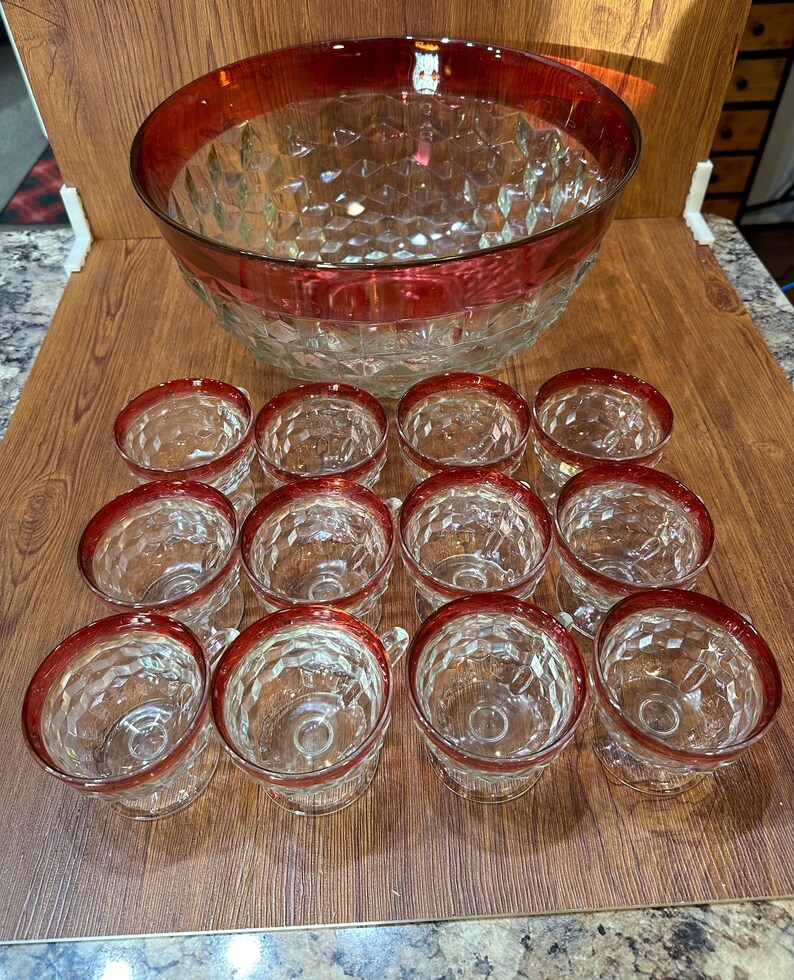 Vintage INDIANA GLASS WHITEHALL Ruby Red Punch Bowl With 12 Footed Cups ...