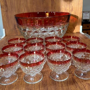 Vintage INDIANA GLASS WHITEHALL Ruby Red Punch Bowl With 12 Footed Cups ...