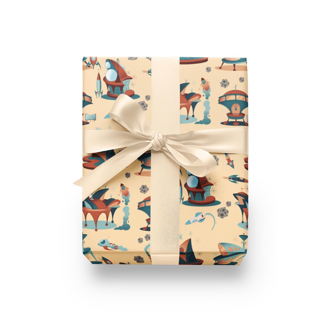 Retro Space Wrapping Paper Space Rockets Gift Wrap Futuristic House ...