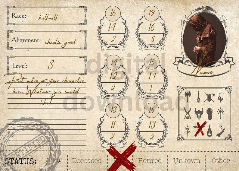 Dnd Character Card | Digital Download Character Info Sheet | D&D ...