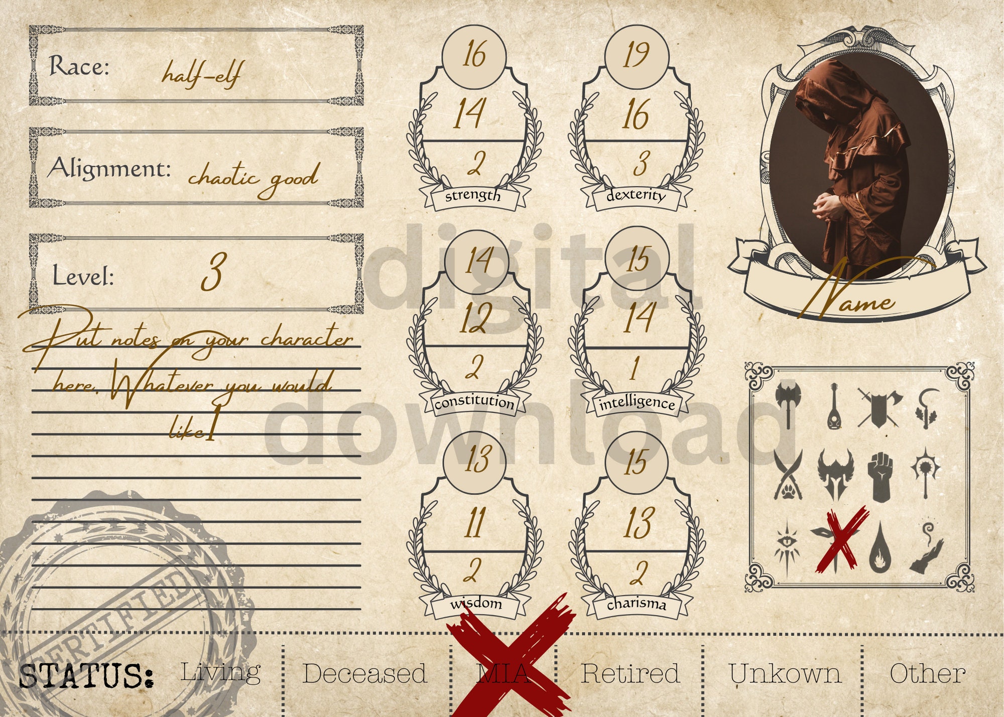 Dnd Character Card | Digital Download Character Info Sheet | D&D ...