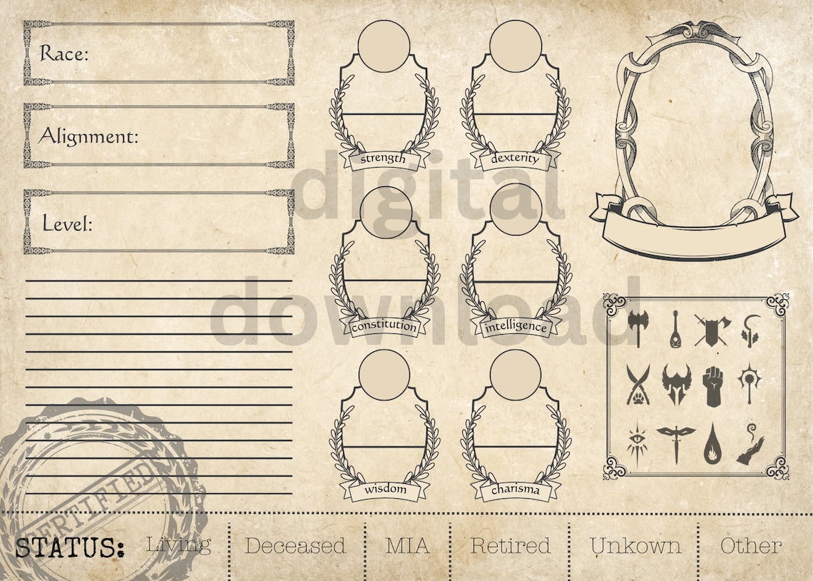 Dnd Character Card | Digital Download Character Info Sheet | D&D ...