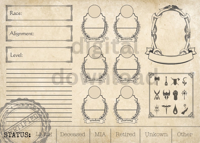 Dnd Character Card | Digital Download Character Info Sheet | D&D ...