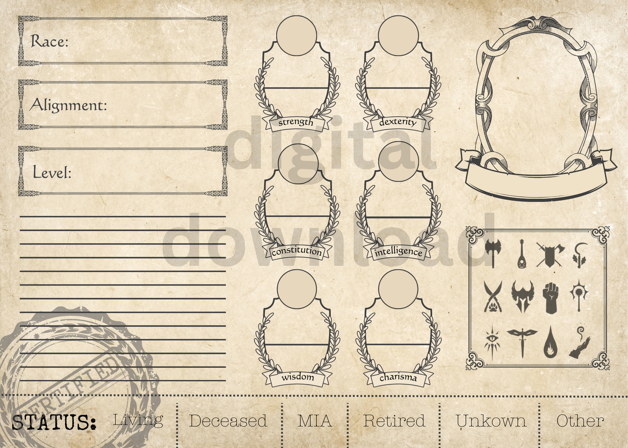 Dnd Character Card | Digital Download Character Info Sheet | D&D ...