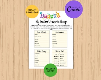 Teacher Favorite Things Survey Printable All About My Teacher - Etsy