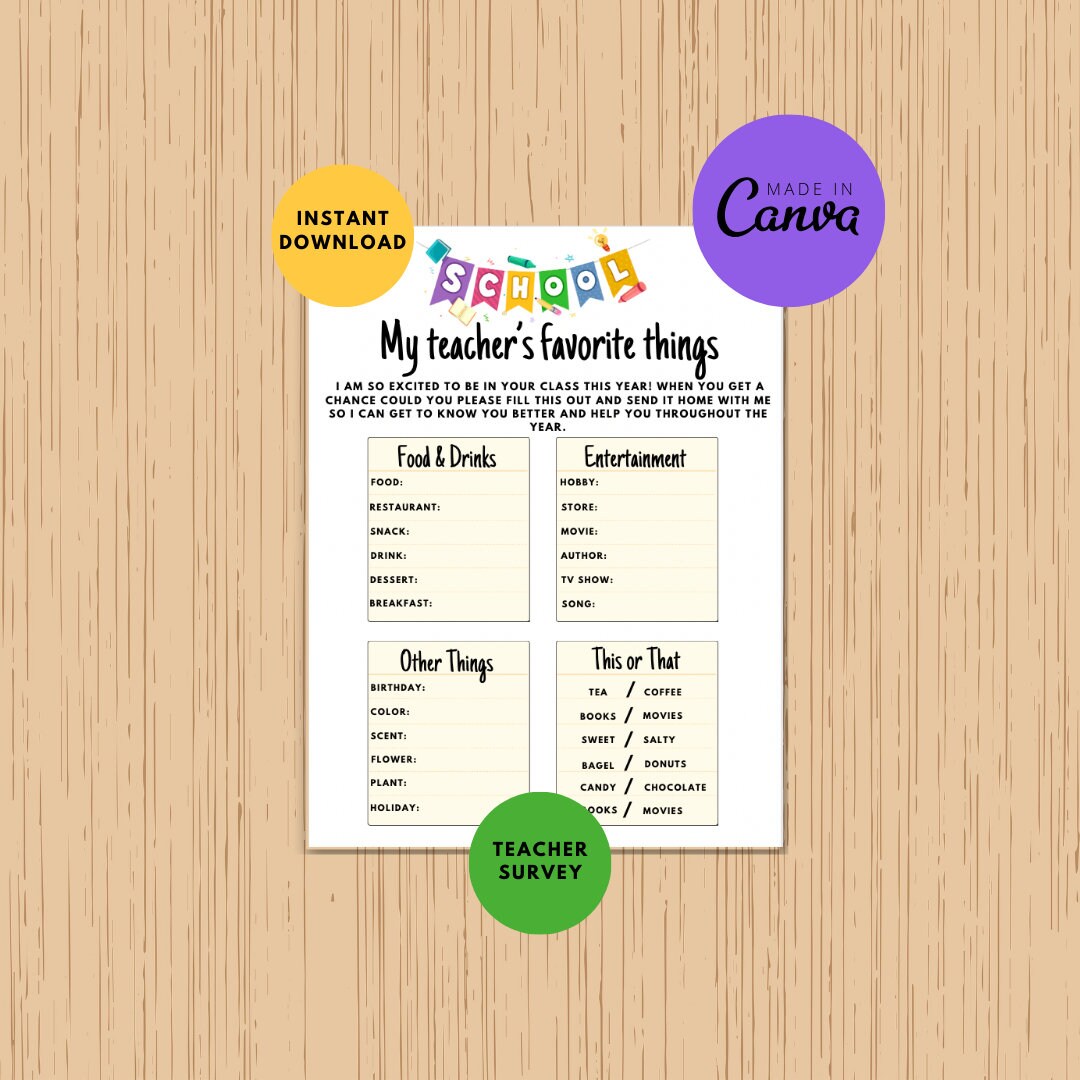 Teacher Favorite Things Questionnaire Favorites Survey Teacher Survey ...