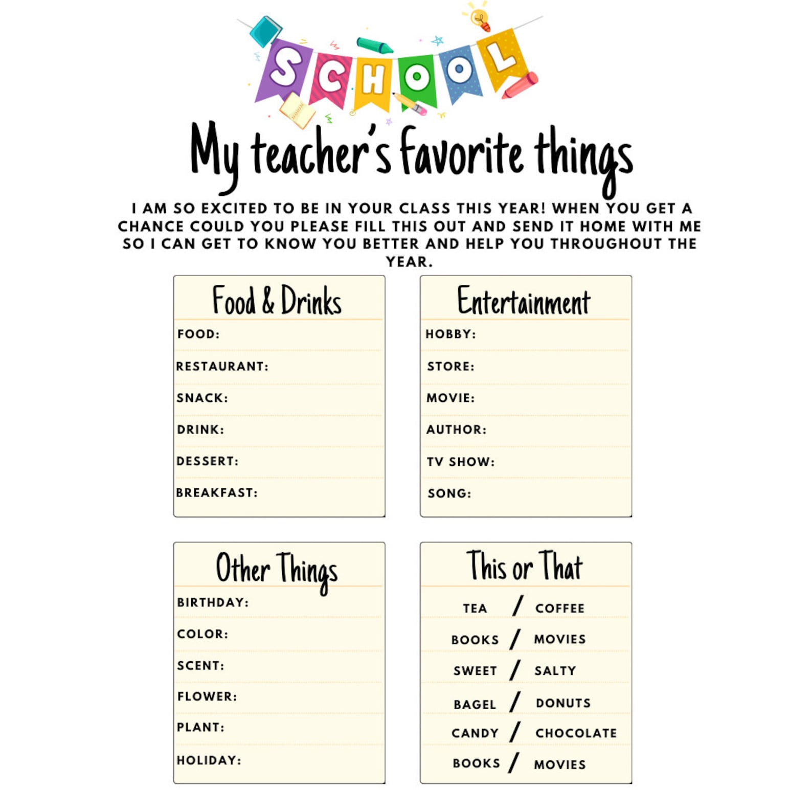 Teacher Favorite Things Questionnaire Favorites Survey Teacher Survey ...