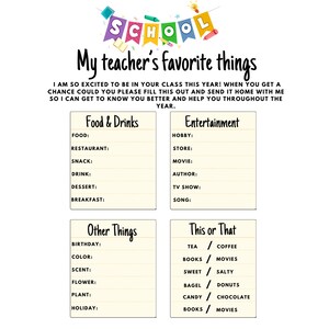 Teacher Favorite Things Questionnaire | Favorites Survey | Teacher ...
