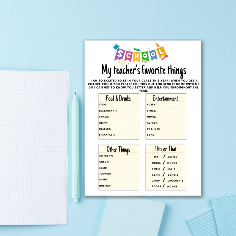 Teacher Favorite Things Questionnaire | Favorites Survey | Teacher ...