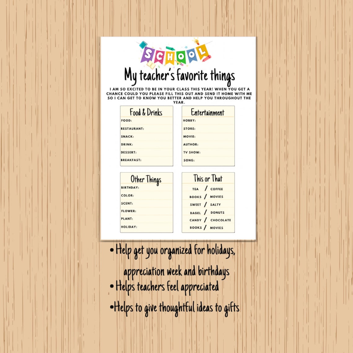 Teacher Favorite Things Questionnaire Favorites Survey Teacher Survey ...