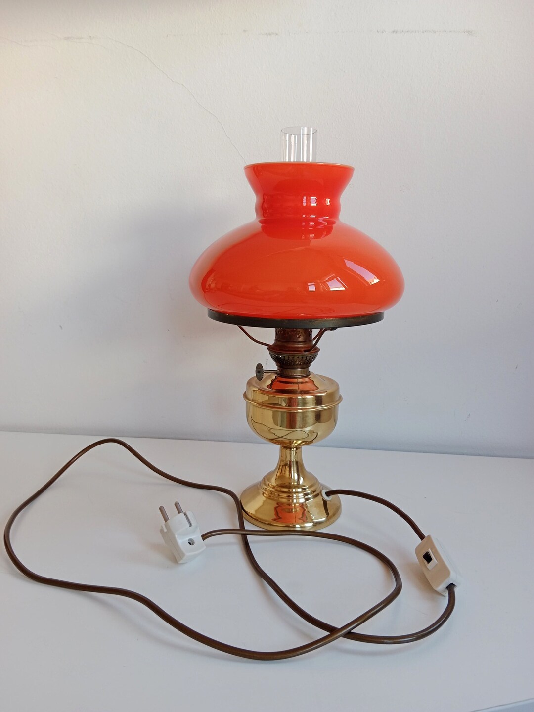 Space Age Gold Lacquered Metal Table Lamp With Red Opal Glass Shade/mid ...