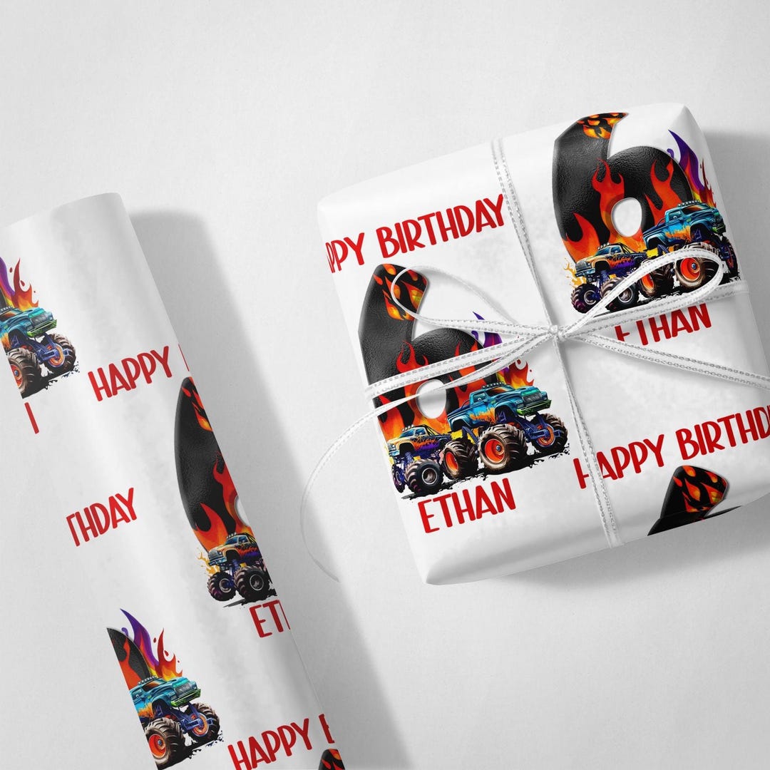 Personalised Monster Truck Number Birthday Wrapping Paper - Etsy