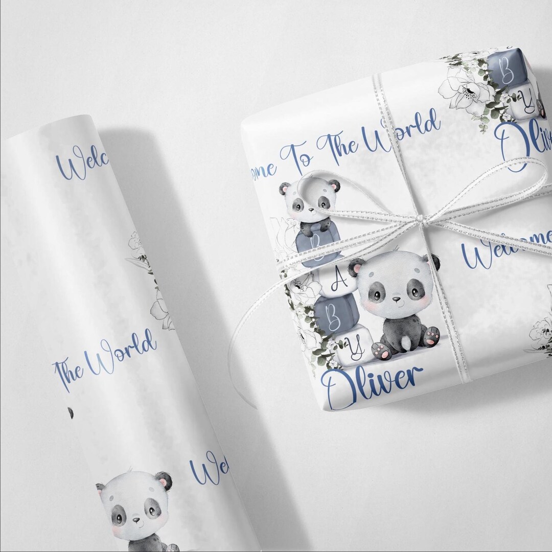 Personalised New Baby Panda Baby Blocks Theme Luxury Wrapping Paper ...