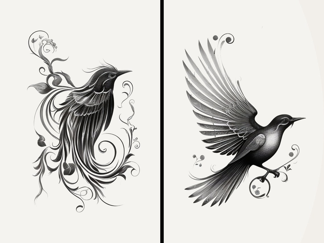 Magical Fantasy Birds Clipart - Fantasy Magic Birds, Black and White ...