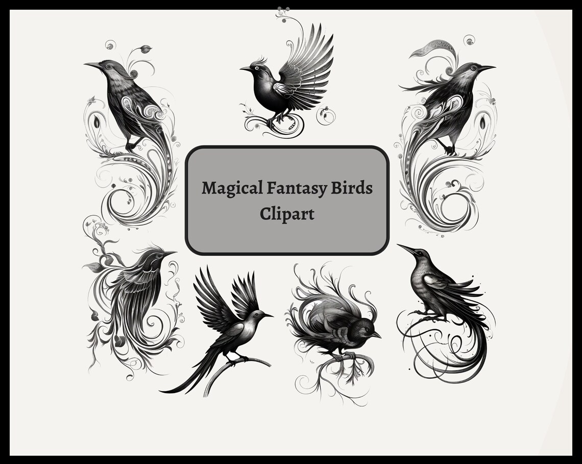 Magical Fantasy Birds Clipart - Fantasy Magic Birds, Black and White ...