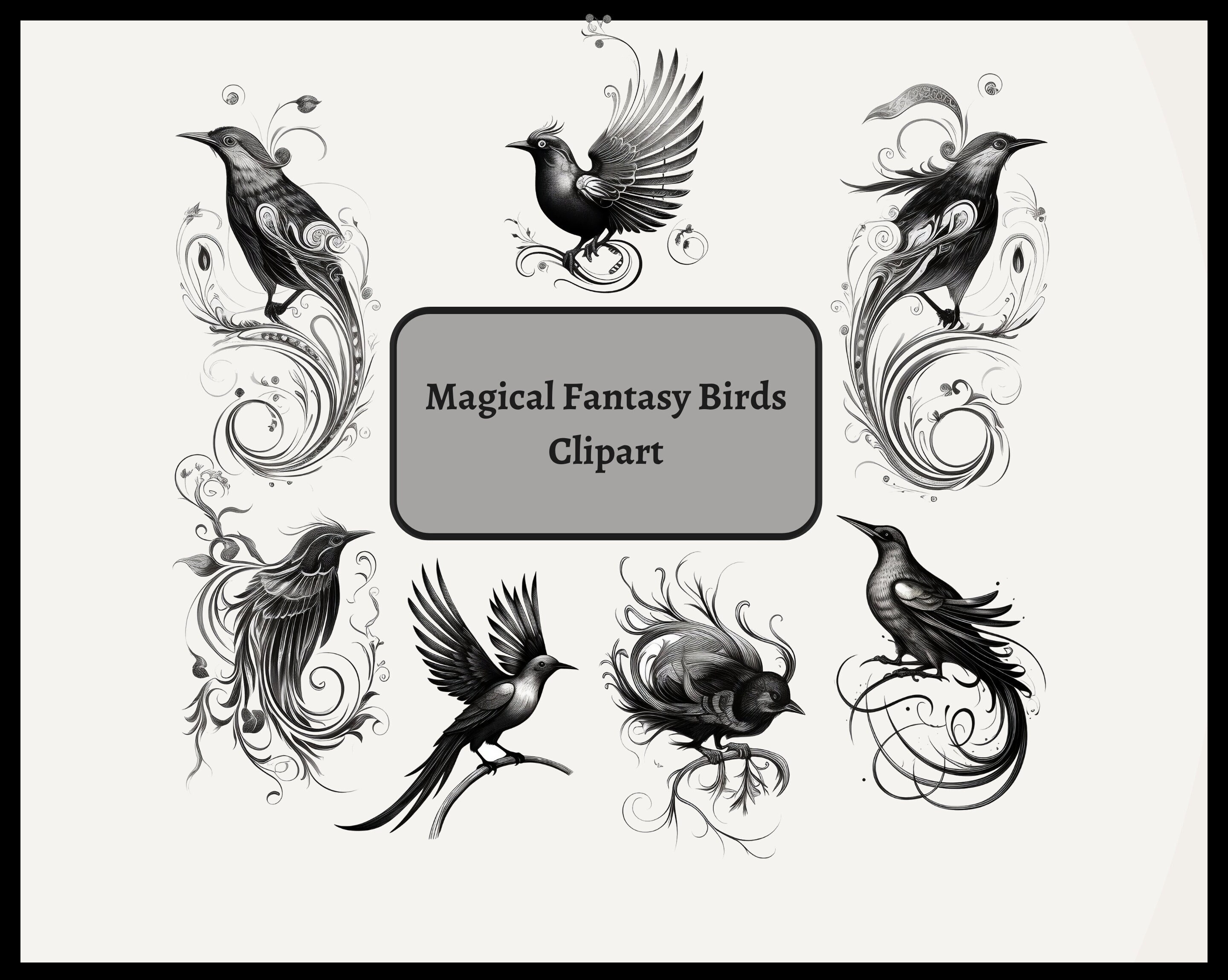Magical Fantasy Birds Clipart - Fantasy Magic Birds, Black and White ...