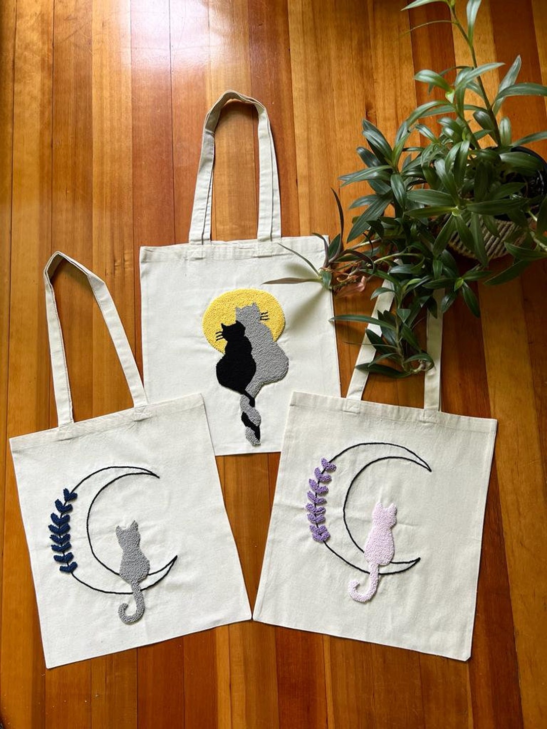 Hand Tufted Punch Needle Tote Bag, Cat Embroidered Market Bag, Cotton ...