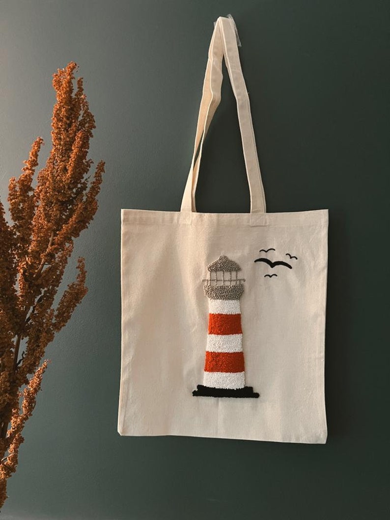 Lighthouse Handmade Bag, Tote Bag, Punch Needle Embroidered Tufted Tote ...