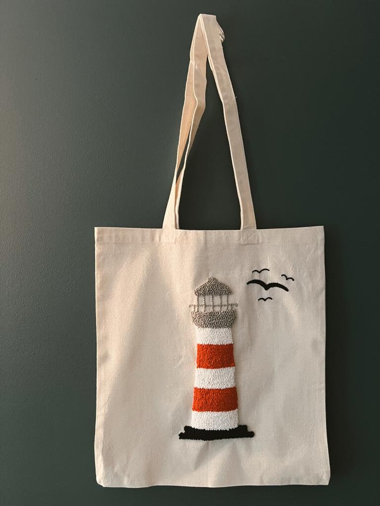 Lighthouse Handmade Bag, Tote Bag, Punch Needle Embroidered Tufted Tote ...