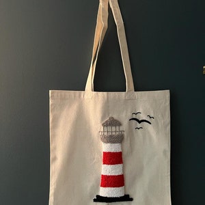 Lighthouse Handmade Bag, Tote Bag, Punch Needle Embroidered Tufted Tote ...