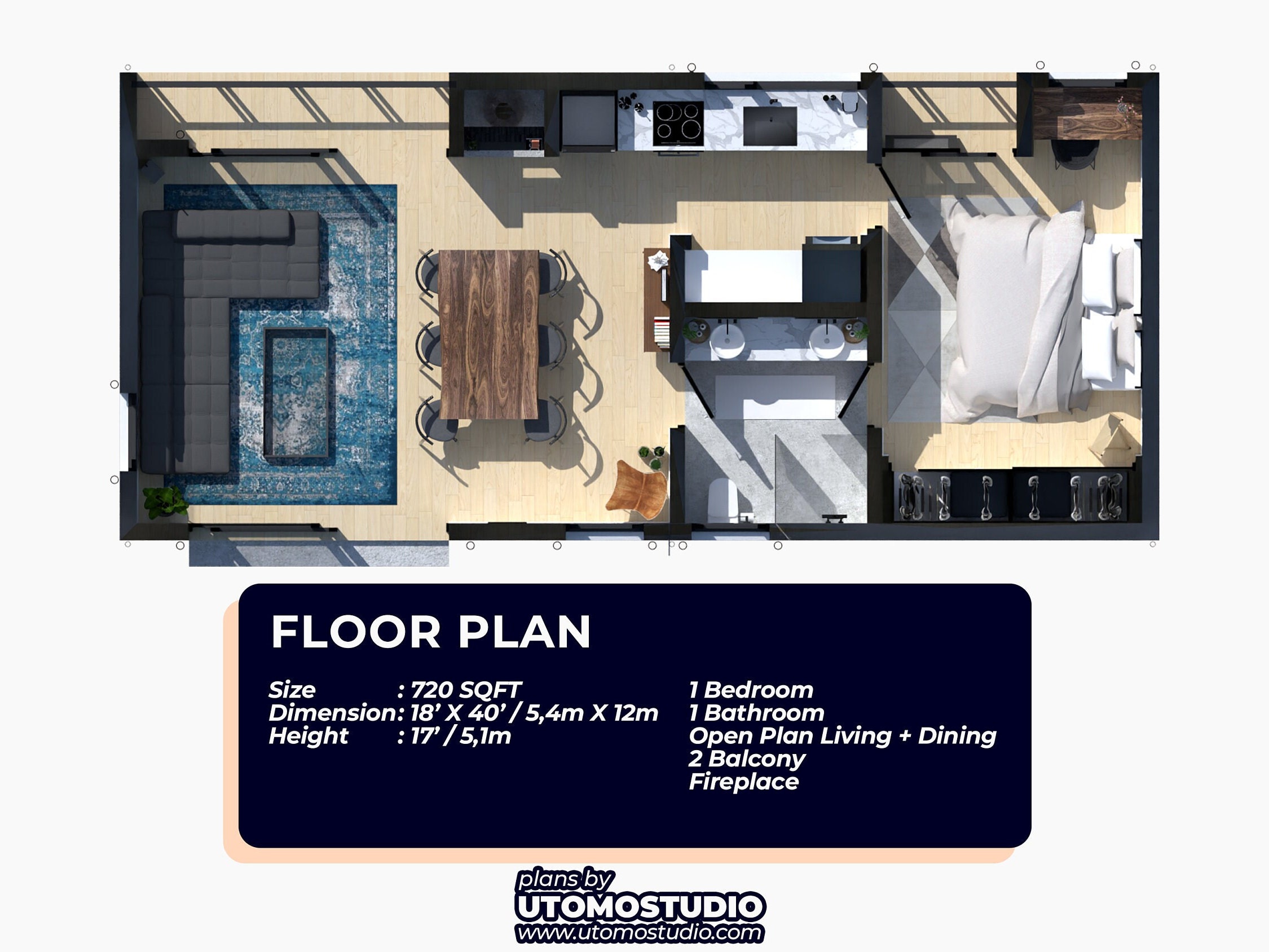 FIKA 18x40 720SQFT Modern Cabin Plans 1 Bedroom Tiny House - Etsy