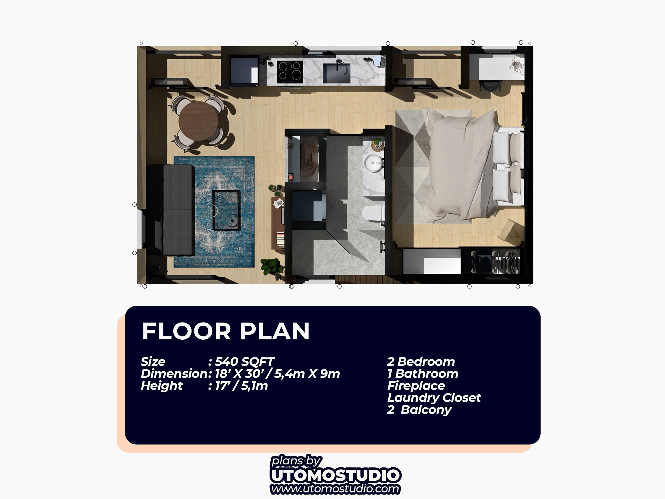 FIKA 18x30 540 SQFT 1 Bedroom Modern Scandinavian Cabin House Plan Tiny ...