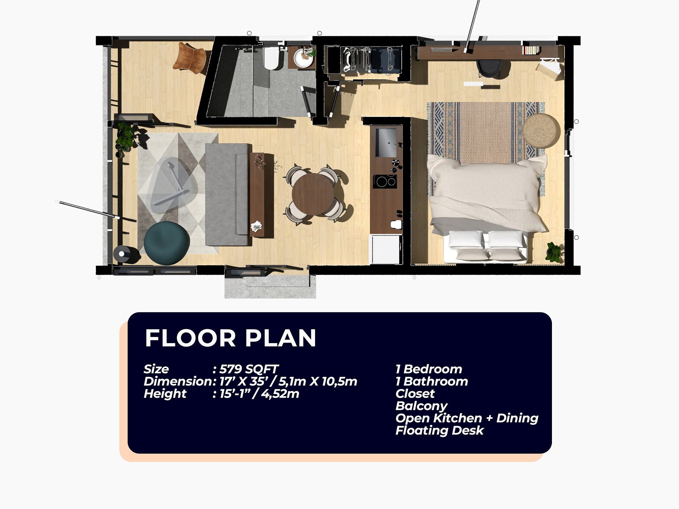 LEIR 17x35 579 SQFT 1 Bedroom 1 Bath Tiny Cabin Home Plan Small House ...