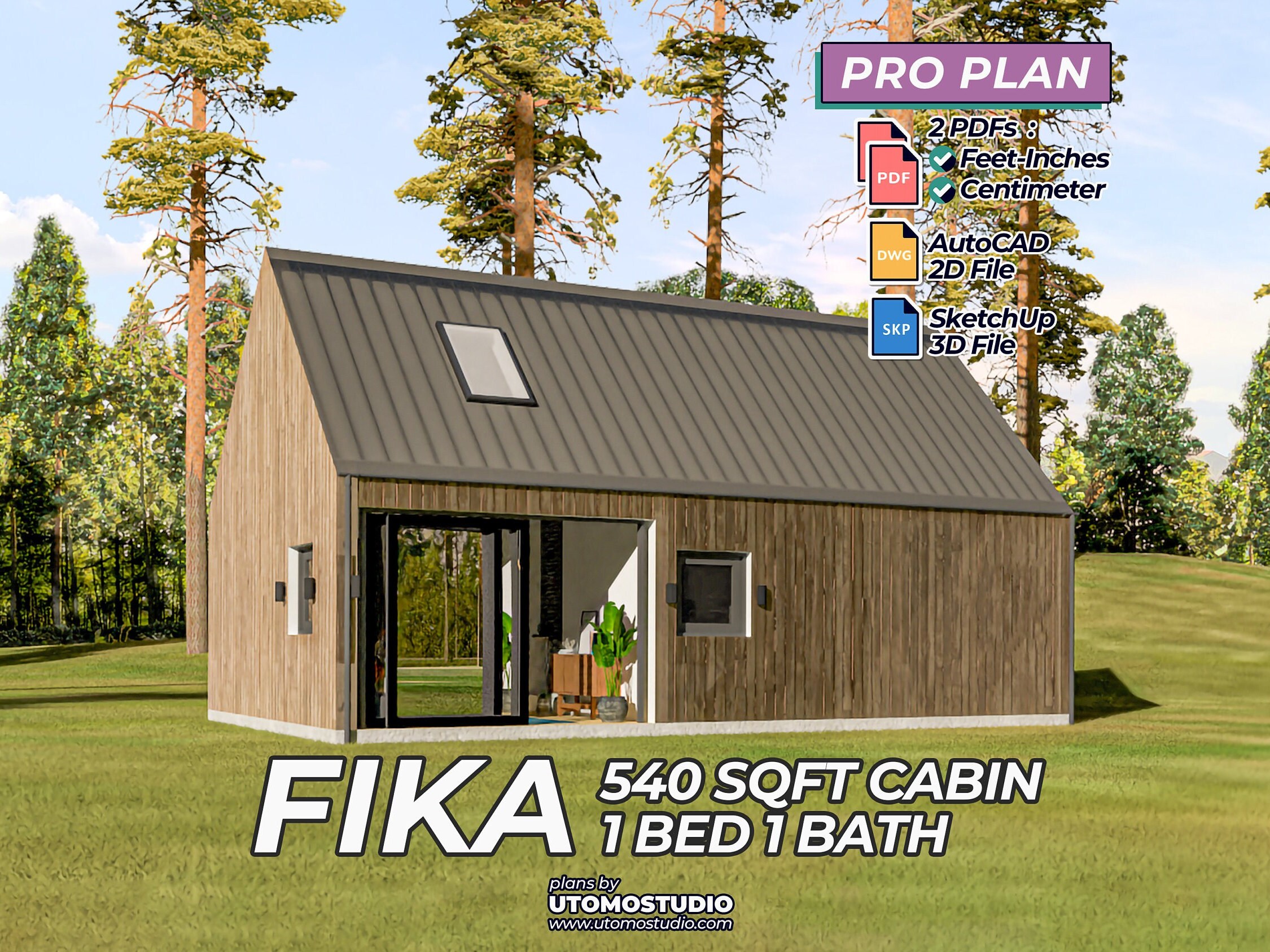 FIKA 18x30 540 SQFT 1 Bedroom Modern Scandinavian Cabin House Plan Tiny ...