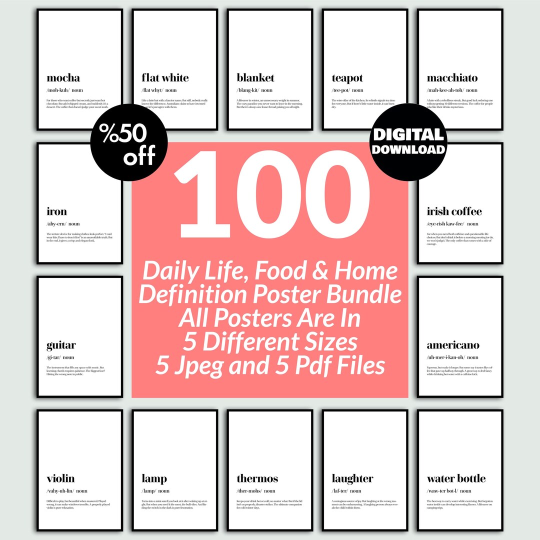 100 Definition Poster Bundle – Daily Life, Food & Home Digital Wall Art ...