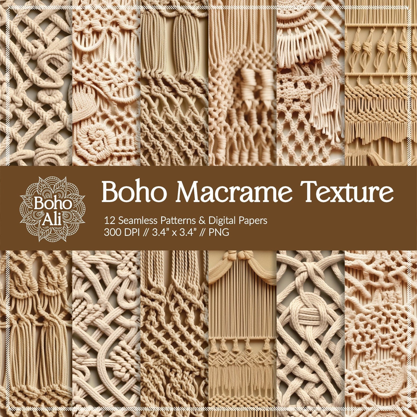 Boho Macrame Texture Seamless Patterns, Digital Papers, Crochet Knit ...