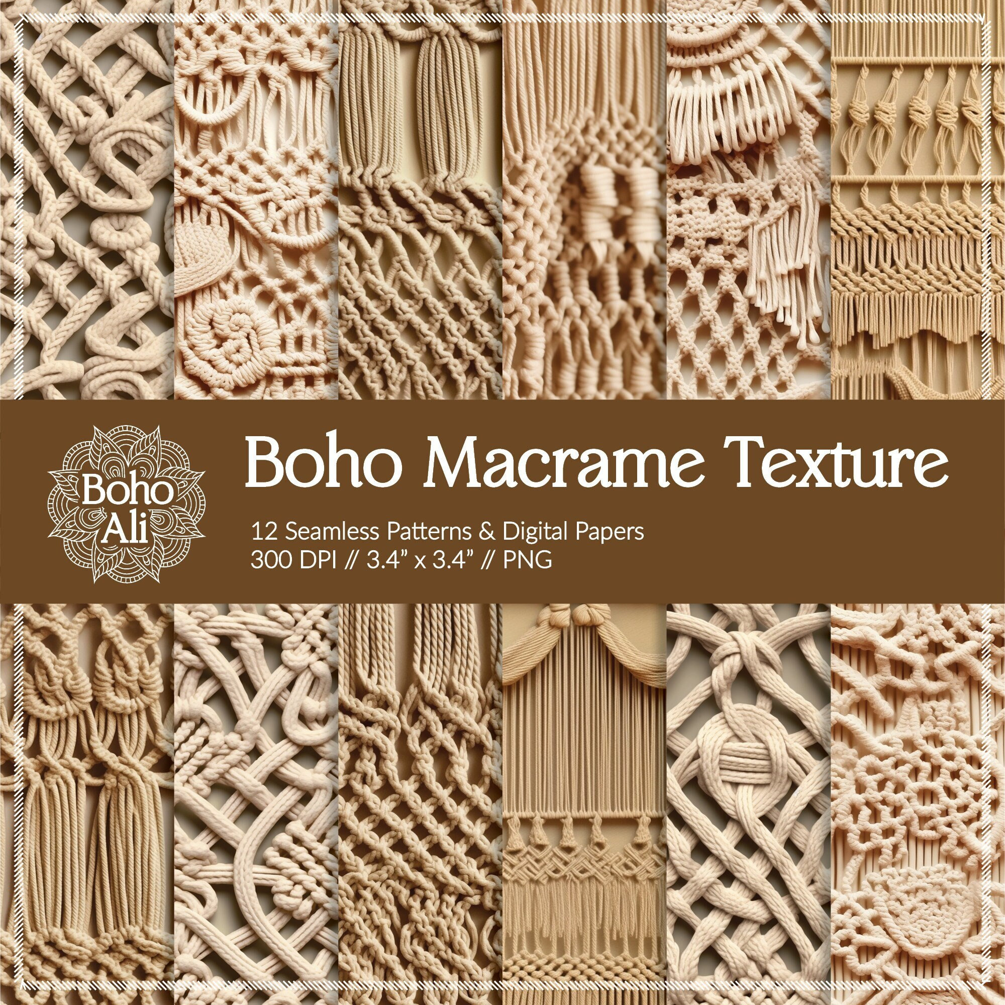 Boho Macrame Texture Seamless Patterns, Digital Papers, Crochet Knit ...