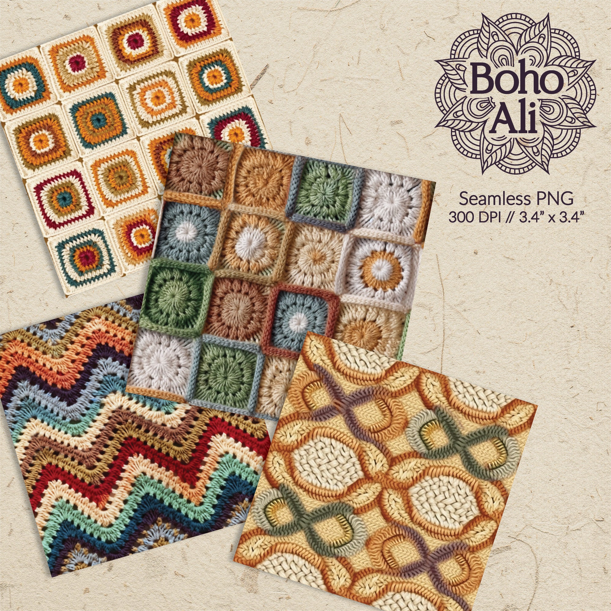 Boho Vintage Crochet Quilt Texture Seamless Patterns, Digital Papers ...