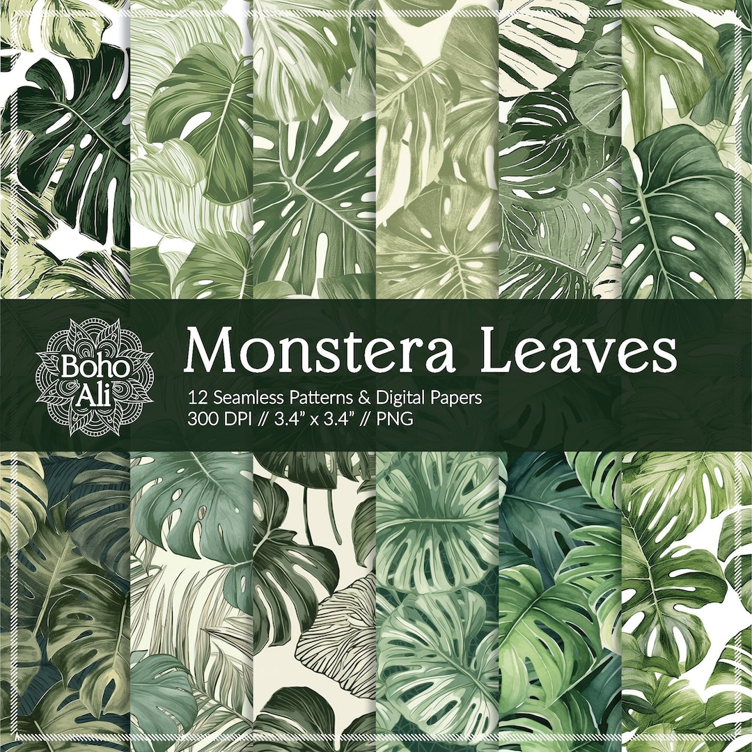 Monstera Leaves Plant Seamless Patterns, Digital Papers, Botanical ...
