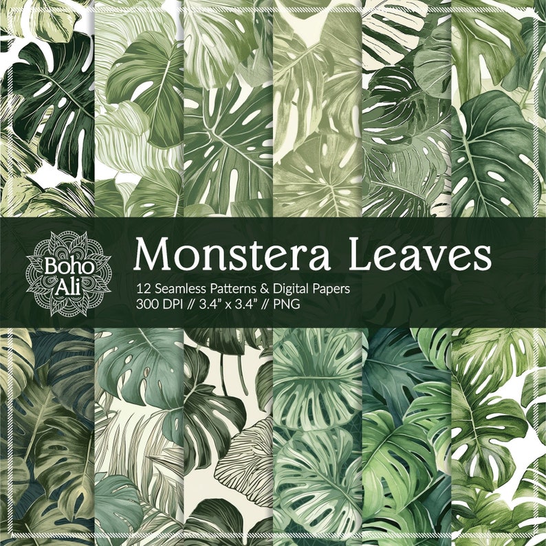 Monstera Leaves Plant Seamless Patterns, Digital Papers, Botanical ...