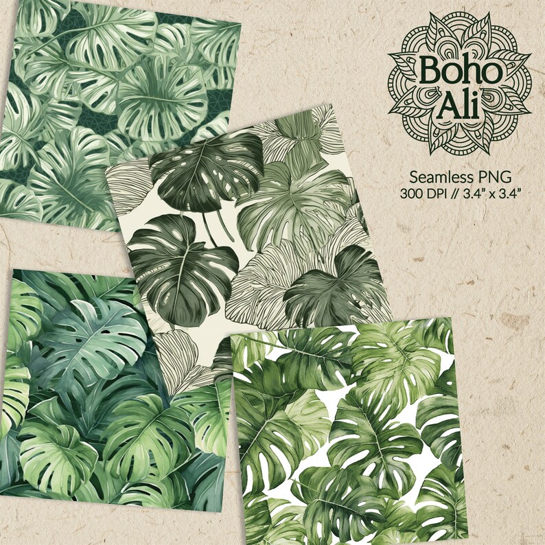 Monstera Leaves Plant Seamless Patterns, Digital Papers, Botanical ...