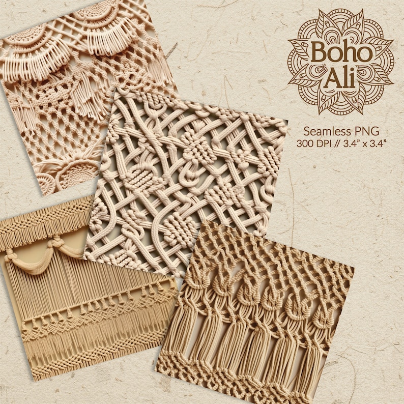Boho Macrame Texture Seamless Patterns, Digital Papers, Crochet Knit ...